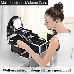 Joligrace Makeup Train Case Organizer Box Professional Multi-Purpose Cosmetic Storage with Sliding Trays, Polish Slots & Mirror, Portable Lockable with Keys, Large Black