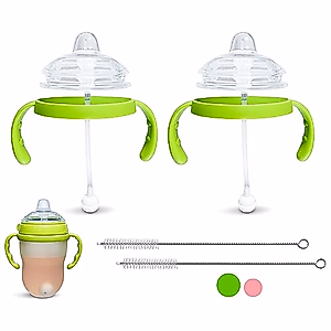 Sippy Cup Conversion Kit for Comotomo Baby Bottles | 2-Count | with Soft Silicone Sippy Spout Nipples, Weighted Any Angle Straw Ball, Bottle Handles and Straw Cleaning Brush (Sippy Spout, Green)