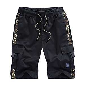 Slim Shorts for Men Mens Linen Shorts Classic-Fit Camo Drawstring Elastic Waist Cargo Shorts Outdoor Multi Pocket Shorts 7" Inseam 7 Inch Inseam Shorts Men Black 2X