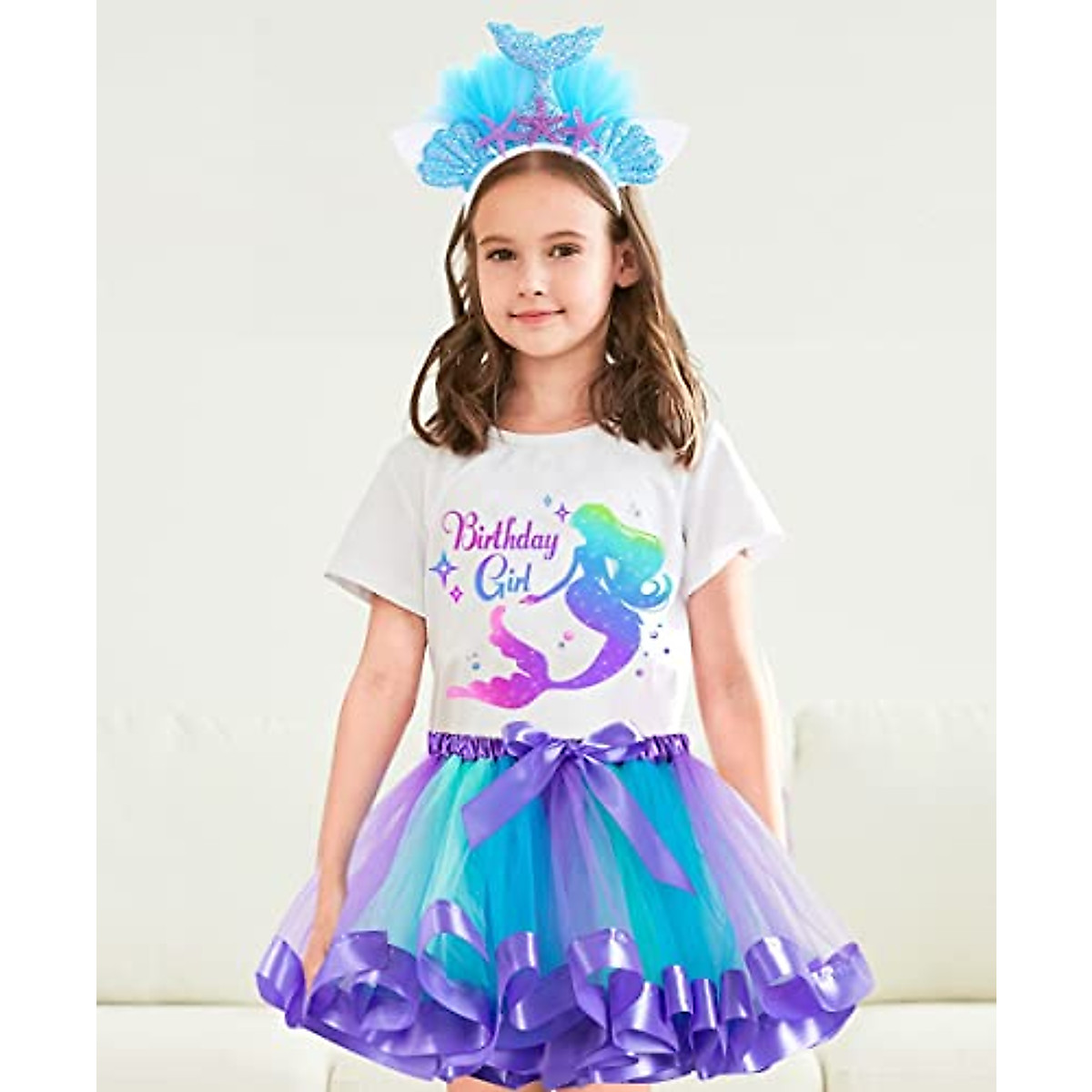 Doctor Unicorn Birthday Girls Mermaid Outfit Set - Costume Tutu Skirt Dress, Shirt, Headband & Satin Sash (Blue Mermaid-2, 4-5 Years)