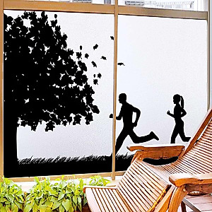 White Black Frosted Window Privacy Film Blackout Static Cling Removable Window Film Sun Blocking Anti UV Glass Film for Home Sliding Door Trees Forest Design Figure Silhouette 35.4Wx63L-inch x2 Pcs