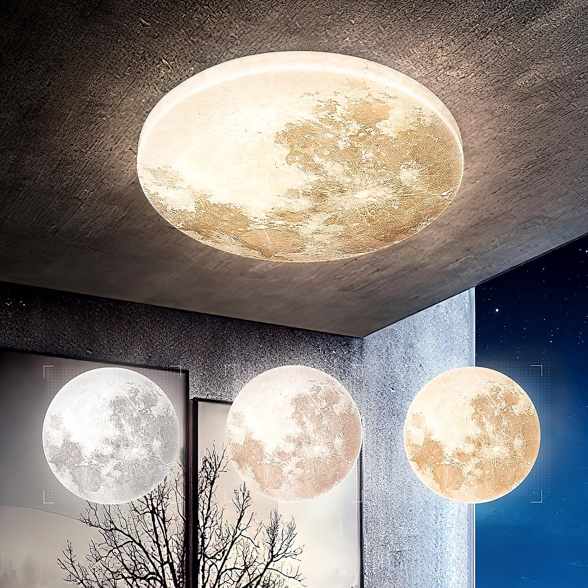 13.8IN Moon-style Dimmable Flush Mount Ceiling Light Fixture, 3000K/4000K/6500K Changeable Color by Wall Switch, LED Modern Ceiling Lamp for Bedroom, Kitchen, Hallway, Kids room(No Remote Control)