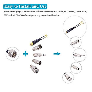 Fancasee Universal FM Antenna Magnetic Base 75 Ohm Screw F Male Plug with PAL BNC 3.5mm & 75 to 300 Ohm Connector Adapter Coax Coaxial Cable FM Radio Antenna for Home AV Stereo Receiver Indoor Outdoor