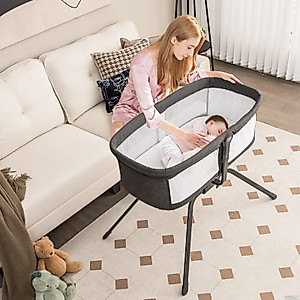 BABY JOY Rocking Bassinet, Portable Baby Crib & Cradle w/Adjustable Tilt Angle, Breathable Mesh, Comfy Mattress and Travel Bag, Baby Bassinets Bedside Sleeper for Newborn Infant (Dark Gray)