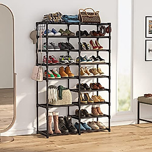 Tribesigns Shoe Rack Organizer, 32-40 Pairs Shoe Storage Shelf, 9 Tiers Shoe Stand, Shoe Rack for Closet, Boot Organizer with 2 Hooks, Stackable Shoe Tower