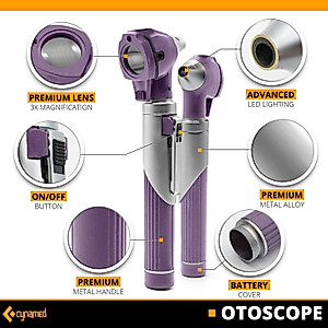Cynamed Duplex Otoscope Set - Multi-Function Ear Scope for Ear & Eye Examination - Includes Zipper Case and Gift Box (Purple)