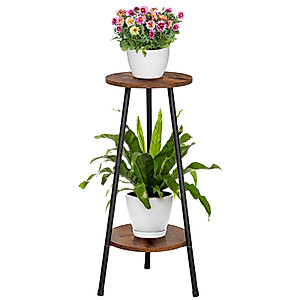 Peyulia 2 Tier Wooden Plant Stand, Adjustable Heavy Duty Plant Holder, Mid-Century Wooden Style Plant Shelf, Small Round Table for Indoor Outdoor Storage of Various Plants