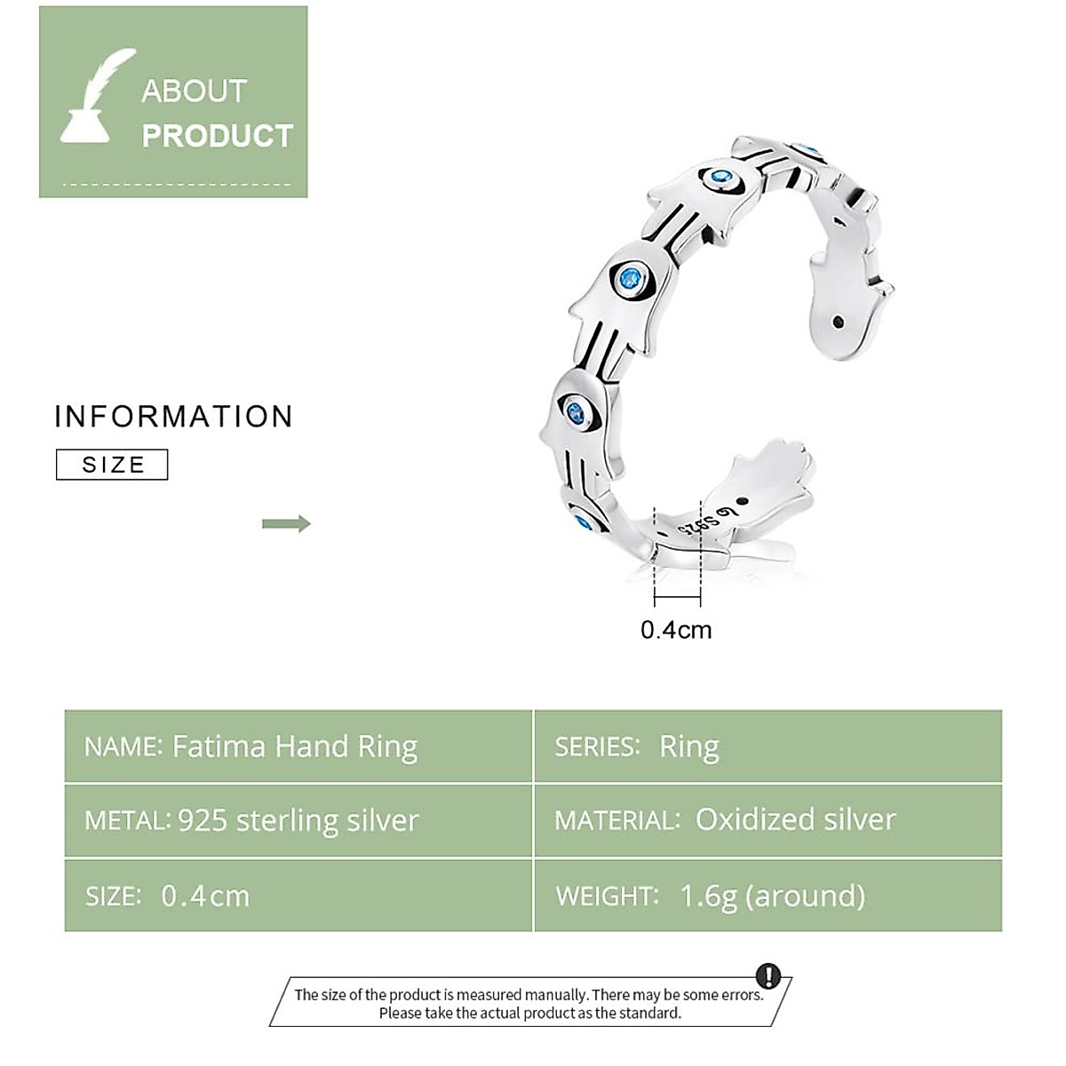 Hamsa Evil Eye Hand Blue CZ 925 Sterling Silver Open Adjustable Statement Rings for Women Dainty Band Tail Stackable Crystal Finger Ring Personalized Fashion Jewelry Gifts Bff Birthday Daughter