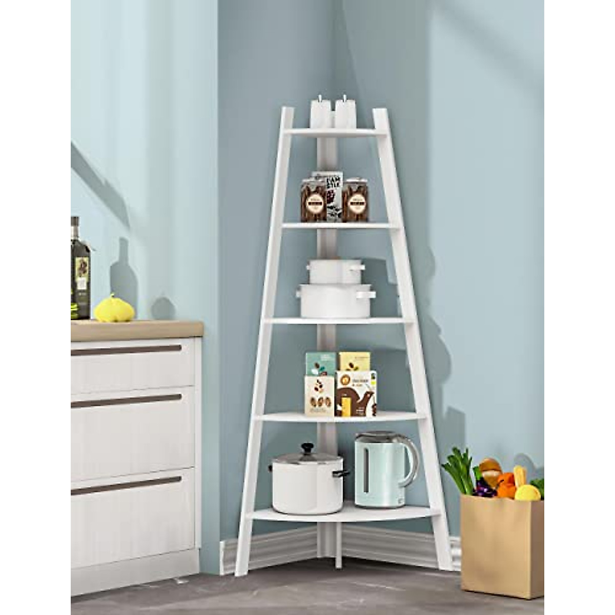 MiTechPro 63" Tall Corner Shelf, 5 Tier Industrial Corner Bookshelf Bookcase Rustic Corner Ladder Shelf Plant Stand for Living Room, Kitchen, Home Office