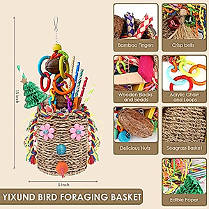 YIXUND Bird Toys,Seagrass Foraging Basket Bird Toy with Colorful Crinkly Paper Wooden Blocks Paper and Bamboo Fingers Nuts DIY Honeycomb Tree for Small Parrot Birds