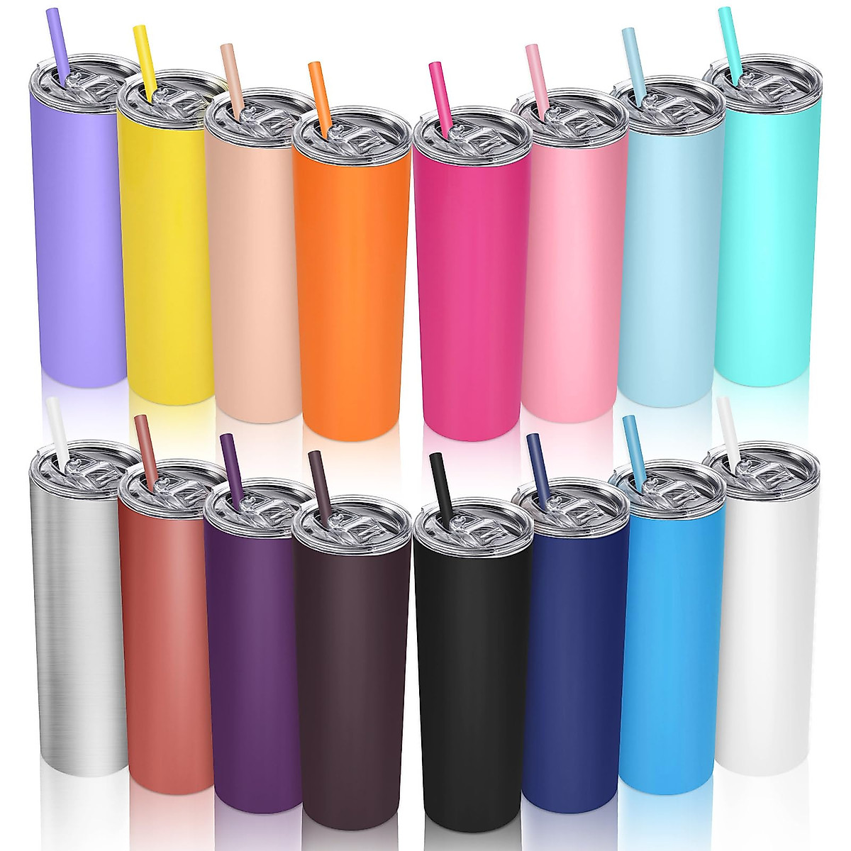 16 Packs Skinny Tumblers with Straws and Lids, 20 oz Stainless Steel Slim Tumblers Double Wall Vacuum Insulated Coffee Cups Solid Color Thin Travel Mug for Hot Cold Drink, 16 Colors