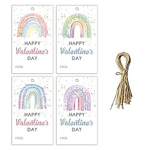 Valentine's Day Tags for Kids - 4 Styles 40 Pcs Boho Rainbow Valentine's Day Hanging Tag with String Cards - Valentine's Day Gift Labels, Gift Wrapping, Party Gift Box, Decoration Supplies(QRtag-03)