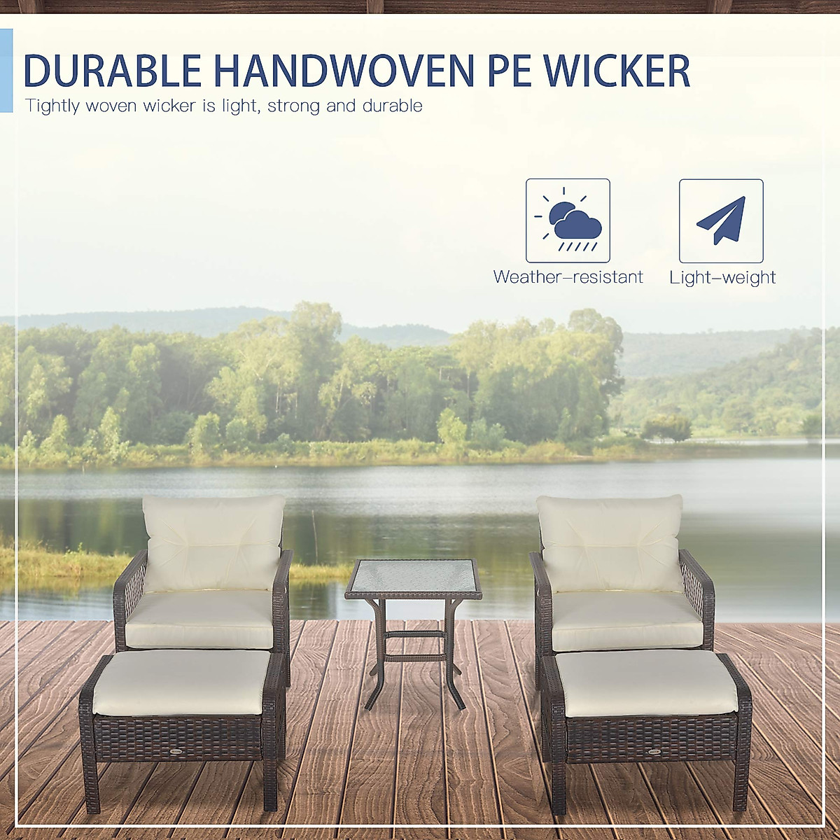 Outsunny 5-Piece PE Wicker Patio Furniture Set, Conversation Set with Outdoor Ottomans, Table & Chairs, Small Balcony Furniture for Apartments, Steel, Cream White