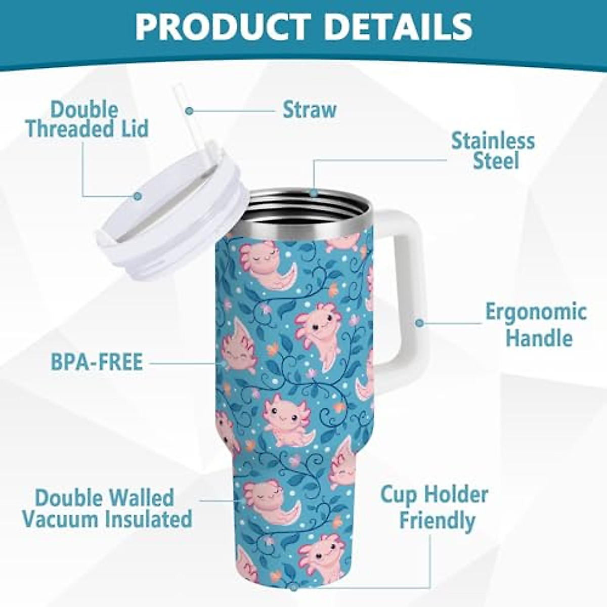 Slewiaeky Tumbler with Handle 40 oz Cute Axolotls Ocean Travel Mug with Lid and Straw Stainless Steel Vacuum Insulated Water Bottle Cup for Iced Tea Coffee Cold Beverages Cup Holder Friendly