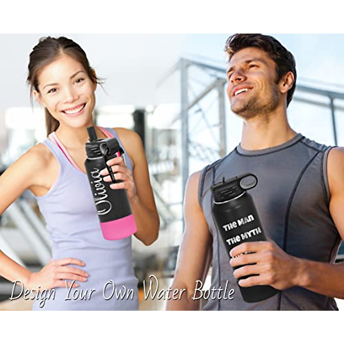 Polar Camel Personalized Water Bottles 40oz with Flip-Top Lid and Straw,Vacuum Insulated Flask, Stainless Steel Sports Double Wall Thermos, Your Logo Name Text Engraved in USA (Black, 40 oz.)