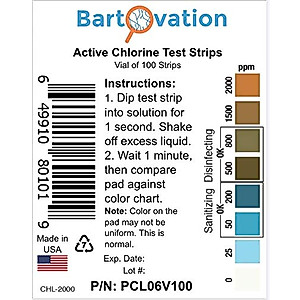 Active Chlorine Bleach Test Strips, 0-2000 ppm [Vial of 100 Plastic Strips] Designed for Daycares and Senior Homes for Sanitizing and Disinfecting