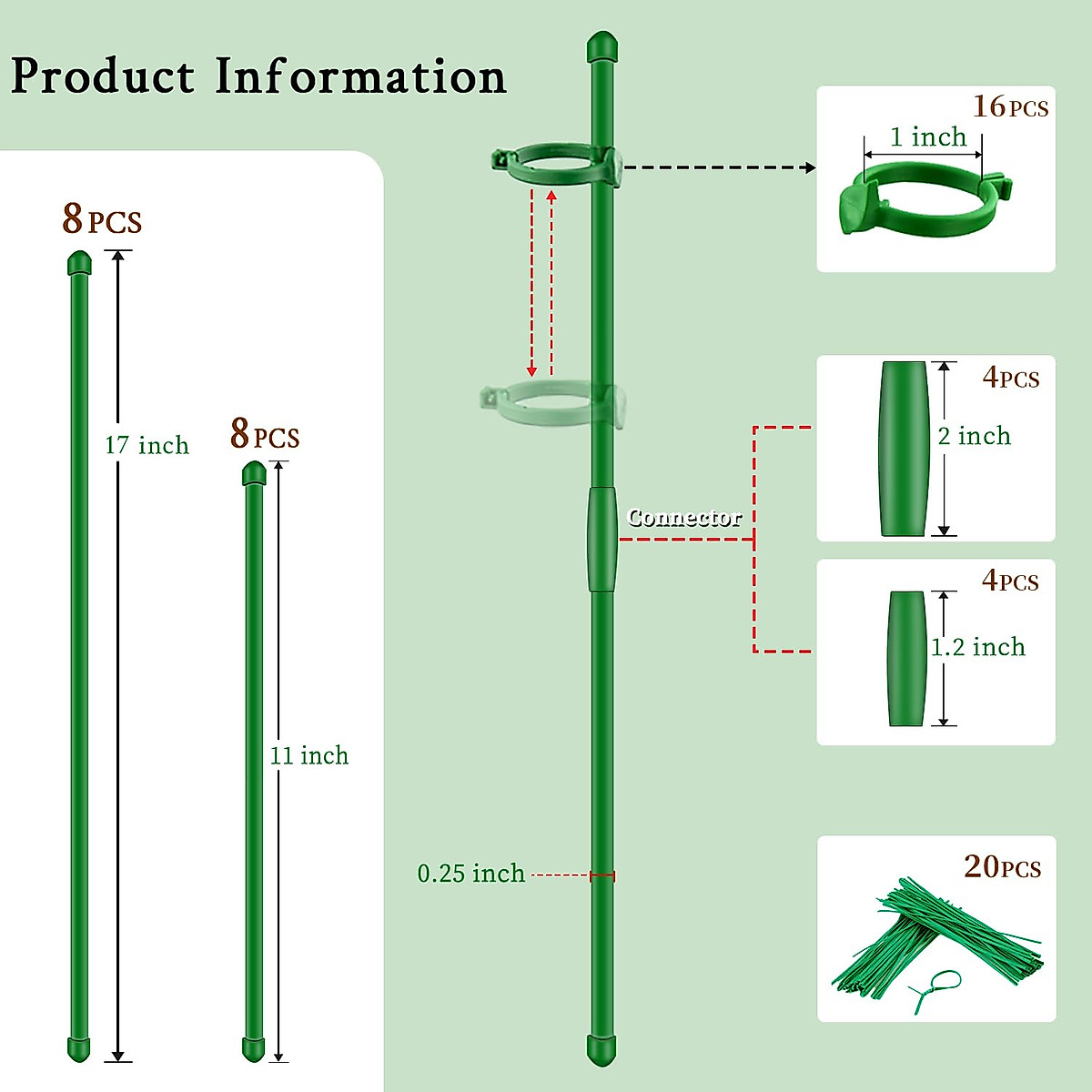 Plant Stakes 17inch &11inch,SupKing Adjustable Length Plant Support Stake 16Pcs Orchid Stick with Clips for Indoor Outdoor,Garden Pole for Potted Tomato Rose Amaryllis Vegetables Comes with 20 Ties