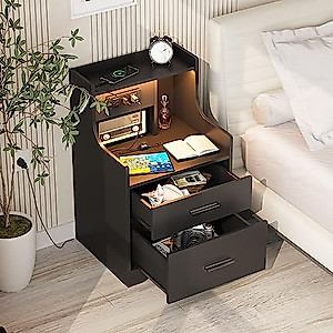 Vabches Nightstand with Charging Station & LED Lights, Black Nightstand with 2 Drawers and Open Storage, Bed Side Table Night Stand for Kids Bedroom Living Room,Small Bedside Table for Toddlers