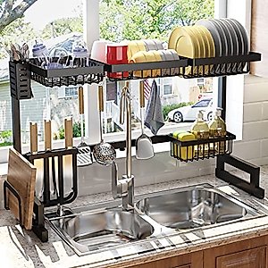 SAYZH Over The Sink Dish Drying Rack, 2 Tier Width Adjustable (33"~41") Dish Rack with Utensil Holder Kitchen Drainer Countertop Organizer Black