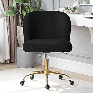 BELLEZE Modern Upholstered Boucle Desk Chair with Swivel Wheels and Adjustable Height, Decorative Rolling Office or Vanity, Stylish Comfy - Aston (Gold - Black)
