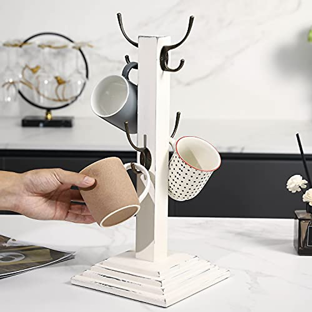 MyGift Vintage White Wood Tabletop Coffee Mug Holder Hanging Tree Rack with 4 Antique Brass Tone Double Hooks