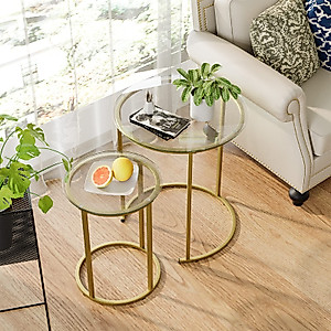 Azheruol Nesting Coffee Table Set of 2,Modern Gold Tempered Glass Side Table, Metal Frame Round End Table.Small Glass Tea Table for Living Room,Bedroom Studio Apartment Essentials，23.2in