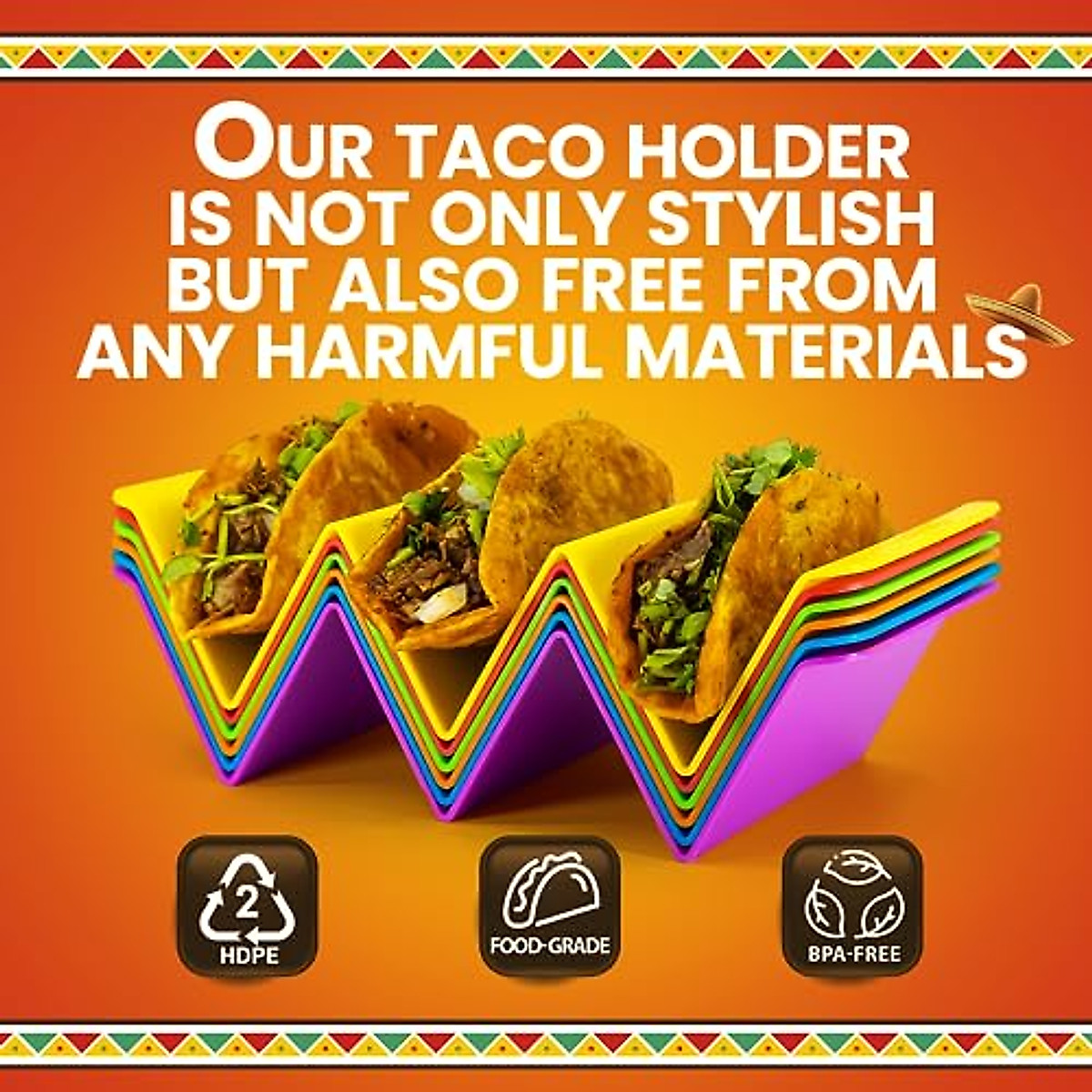 Taco Holders set of 6, Colorful Premium Taco Tray and Rack for Soft or Hard Taco Shells - Dishwasher and Microwave Safe, BPA Free and Sturdy, Multi-Colored