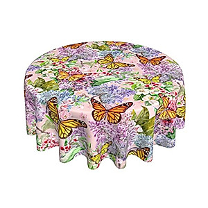 Sweetshow Round Butterfly Tablecloth 60 Inch Spring Decorations Watercolor Purple Pink Colored Floral Print Decorative Table Cloth Decor for Home Kitchen Dining Room Picnic Party Holiday