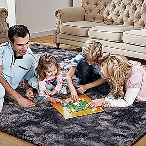Luxury 8x10 Large Area Rugs for Living Room, Super Soft Fluffy Modern Bedroom Rug, Big Indoor Thick Soft Nursery Rug, Non-Skid Nursery Faux Fur Carpet for Kids Room Home Décor, Tie-Dyed Dark Gray
