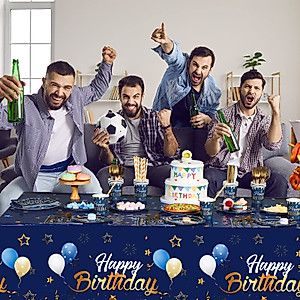 Capoda Birthday Party Supplies Happy Birthday Tableware Set Confetti Starry Tablecloth Plates Cups Napkins Dinnerware for Kids Adults Party Supplies Decor(Navy Blue and Gold)