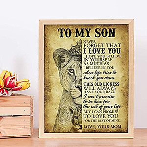 "To My Son-Never Forget That I Love You" Motivational Family Wall Art -11 x 14" Typographic Wall Decor w/Lioness & Cub Image-Ready to Frame. Inspirational Keepsake for Any Son. Great Graduation Gift!