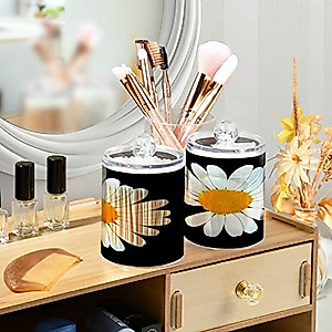 ALAZA White Daisy Flower 2 Pack Qtip Holder Dispenser with Lid 14 Oz Clear Plastic Apothecary Jar Containers Jars Bathroom for Cotton Swab, Ball, Pads, Floss, Vanity Makeup Organizer