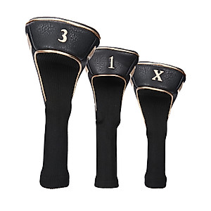 LONGCHAO Golf Head Covers 3pcs Set, Driver Fairway Wood Headcovers, Vintage PU Headcovers for Golf Club (golden-black)