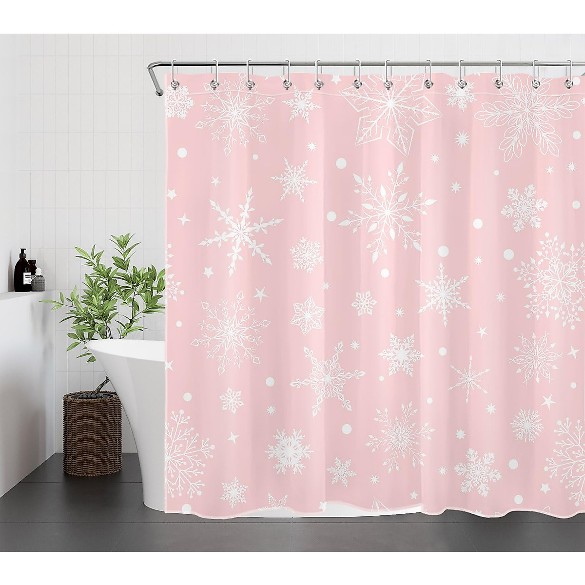 LB Pink Christmas Shower Curtain for Bathroom, Winter Snowflake on Pink and White Fabric Shower Curtain with Hooks, New Year Holiday Bathroom Curtain Shower Set, 72" W x 78" L