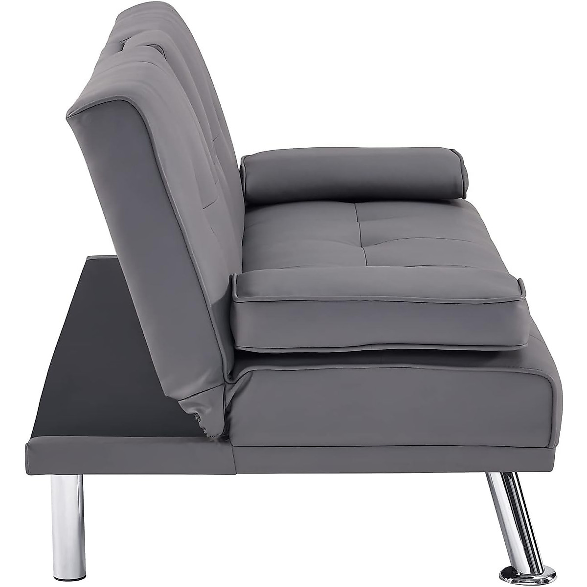 Naomi Home Transform Your Living Space with Comfort Gray Futon Sofa Bed with Armrest, Cupholders, & Reclining Function, Ideal for Cozy Living Rooms! Sofa Bed Couch with Metal Legs, Faux Leather