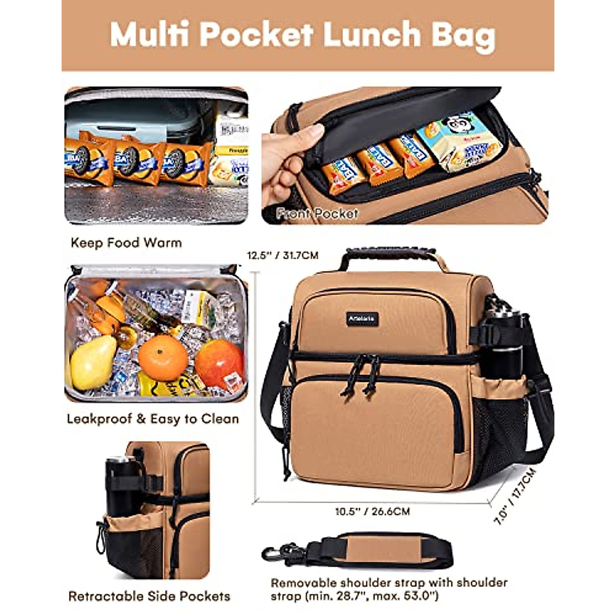 Artelaris Lunch Bag for Men Women, Dual Compartment Insulated Lunch Bag, Large Double Deck Leakproof Cooler Tote Bag with Side Pockets & Shoulder Strap Lunch Box for Picnic Work Camping Fishing
