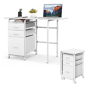 CHEFJOY Folding Computer Desk with 6 Wheels, 41.5" Modern Steel Collapsible Home Office Desk with 3 Storage Drawers, Portable Writing Laptop Desk for Bedroom, Study, Small Space, Home Office, White