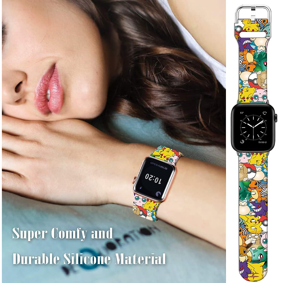 Hepsun Compatible with Apple Watch Band Pikacu Dinosaur 38mm/40mm/41mm/42mm(Series10),Soft Silicone Magic Fancy Strap Compatible with iWatch Series SE 10 9 8 7 6 5 4 3 2 1 Men Women