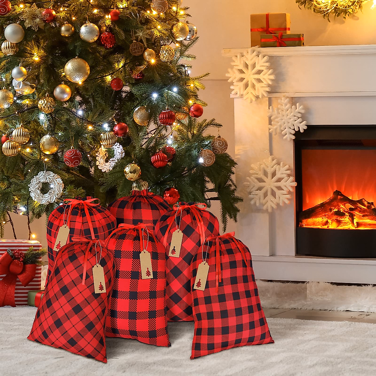 MIMIND 6 Pieces Christmas Drawstring Gift Bags Large Cotton Fabric Gift Bag 17.7 x 23.6 Inch Red and Black Buffalo Plaid Drawstring Bag Xmas Santa Sack Christmas Party Favor Bags with 24 Tag