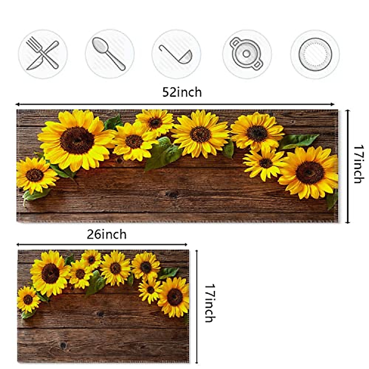SDIZDIPK Kitchen Rugs Washable,A Bunch of Sunflowers Wood,Non Skid Anti-Fatigue Floor Mats for Sink,2 Pcs Set (52''X17''+ 26''X17''), 52x17