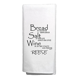 Bread Salt Wine Housewarming Gift for Women Wonderful Life Quote with Custom Text Personalized Kitchen Tea Towel White
