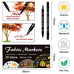 Fabric Markers, Lelix 30 Permanent Colors Dual Tip Fabric Pens for Writing Painting on T-Shirts Clothes Sneakers Canvas Pillowcases, Child Safe & Non-Toxic for Kids Adults