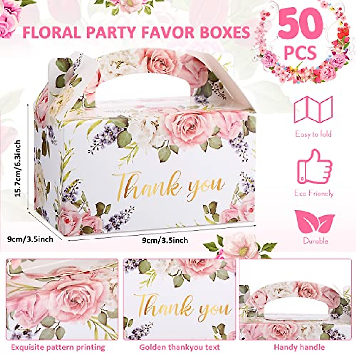 Xinnun 50 Pcs Thank You Treat Boxes Floral Design Gift Boxes Gable Boxes Party Favor Boxes for Tea Party, Wedding, Thanksgiving Day, Christmas
