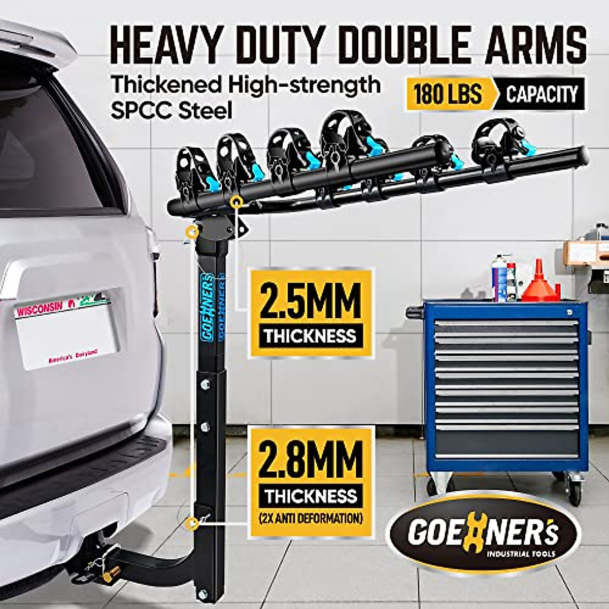 4 Bike Rack Hitch Mount(180 lbs Capacity), Bike Hitch Hanging Rack and Carrier for Car, SUV and Truck with 2” Receiver, High Strength Double Arms, Anti-Rattle System