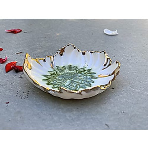 Green Lotus Flower Ring Dish with Gold Rim, Handmade Ceramic Trinket Dishes, Jewelry Gifts for Women and Men -stock photo, please read description