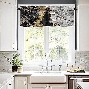SIGOUYI Kitchen Curtains, Black White Gold Marble Valances for Windows, Bathroom Curtains Window 42x12in Short Curtains, Kitchen Window Curtains Over Sink, Rod Pocket Valance Curtains