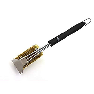 Heavy Duty BBQ Grill Brass Cleaning Brush with Built in Scraper - Large Triple - Headed Great for All Smoker Grill Grates Especially Gentle Delicate for Ceramic Griddles for Porcelain Grill Grate Gri