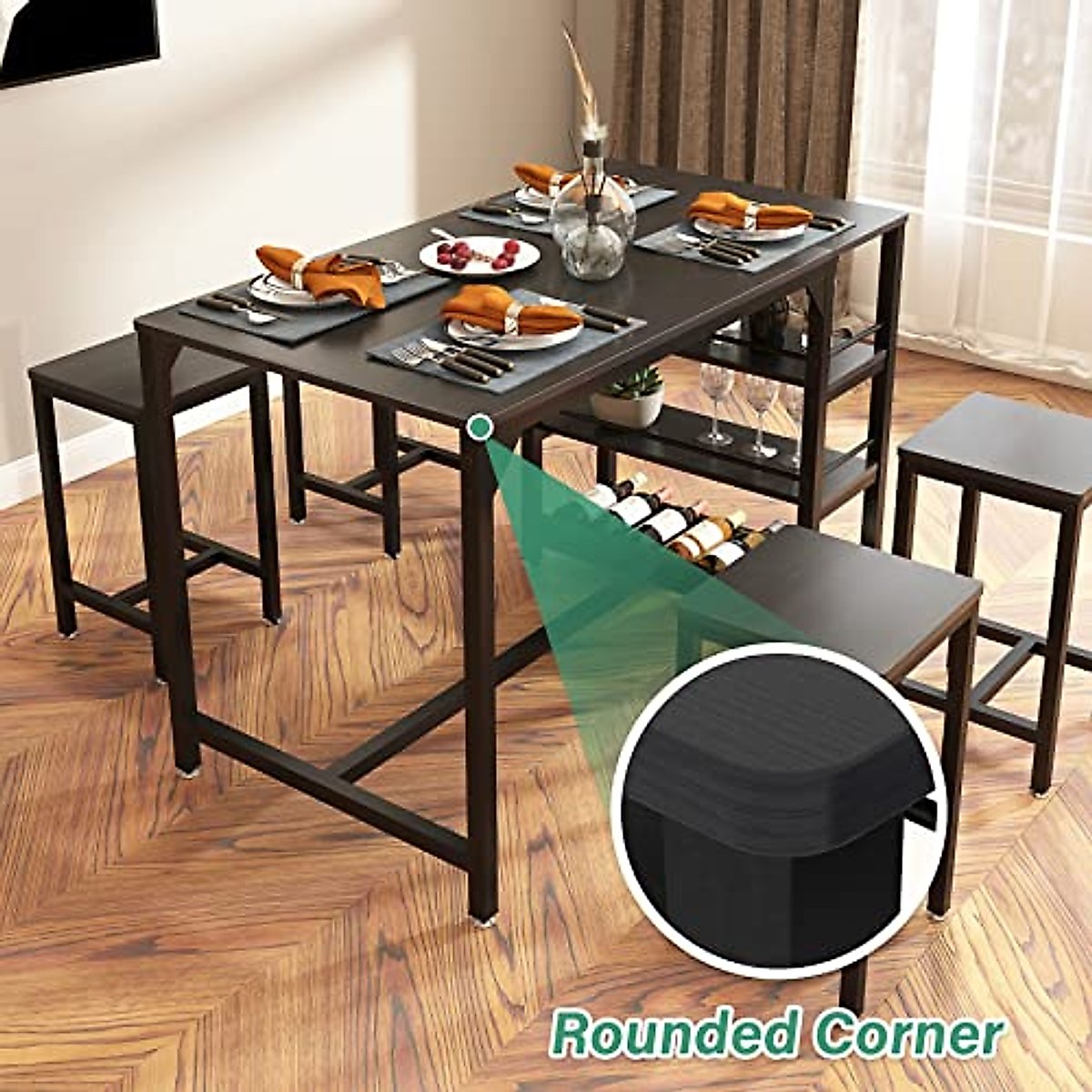 Rxicdeo Dining Table Set for 4, Kitchen Table Set with 4 Chairs, Dining Room Table with Wine Rack and Storage Shelf, Breakfast Table Space-Saving Dinette for Kitchen, Dining Room (Black)