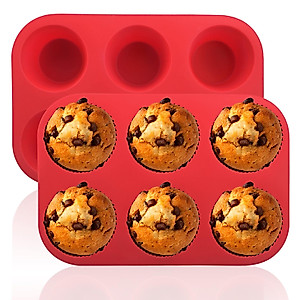 2PCS Silicone Muffin Pans Non-Stick Cupcake Pan 6 Cup Mini Muffin Pan,Reusable Muffin Baking Silicone Mol ds,Muffin Tin For Muffin,Cupcake,Brownie,2 Trays Overlapped(Red,size:9.45x6.5x1.57inch)
