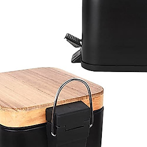 Mini Bathroom Trash Can with Bamboo Lid Soft Close, 0.8 Gal / 3 L Square Step Garbage Container Bin with Removable Inner Wastebasket for Bedroom, Kitchen, Office (Black)